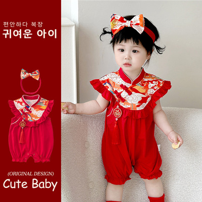 婴儿衣服2025夏季红色新生儿连体衣女宝宝百天爬服百日宴哈衣5263