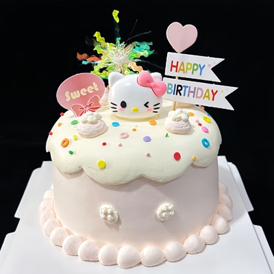 网红粉色蝴蝶结哈喽小猫头蛋糕装饰摆件公主女孩生日甜品装扮插牌
