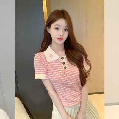 钟菲菲春条纹针织衫短袖毛衣女款2026新款独特漂亮上衣气质超好看