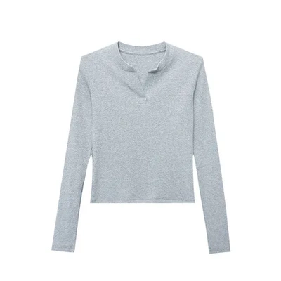 百搭司南V领显瘦正T恤SN6550长袖博主修身时髦打底法式私服肩