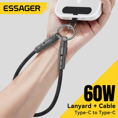 Essager 2 in 1 60W USB-C to Type-C Lanyard Data Cable 3A PD Fast For iPhone 16 15 Samsung Huawei