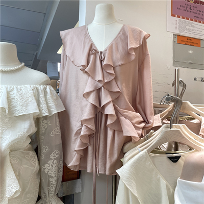 Mosaic十三行女装2026夏季韩版风荷叶边喇叭袖衬衫系带阔腿裤套装