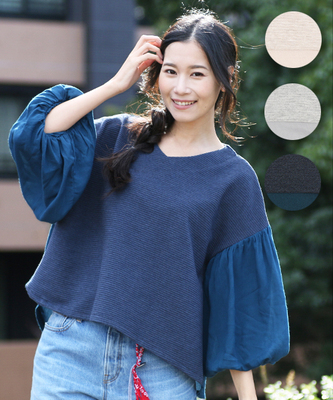 titicaca民族风复古文艺范森系灯笼袖前后不对称V领T恤