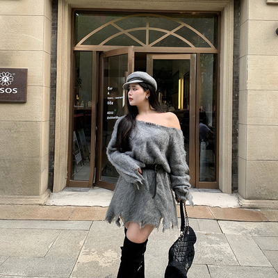 希同儿大码女装胖mm慵懒风宽松显瘦破洞麻花套头毛衣裙遮肉针织衫