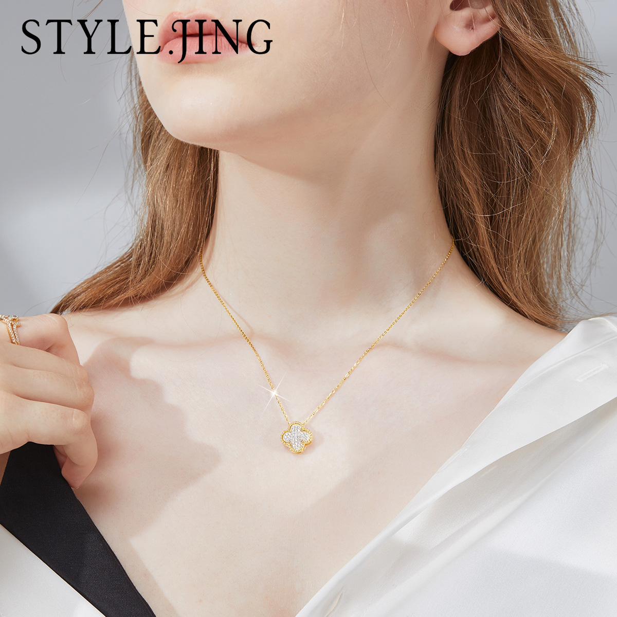 静风格S925银项链女镀14K金人工锆石颈链小幸运四叶草多戴锁骨链_虎窝淘