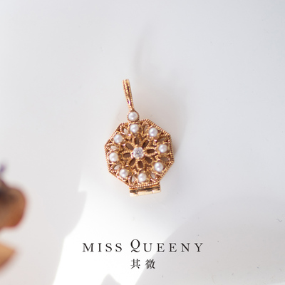 MissQueeny其微|18k金八边形天然珍珠钻石吊坠复古镂空花纹