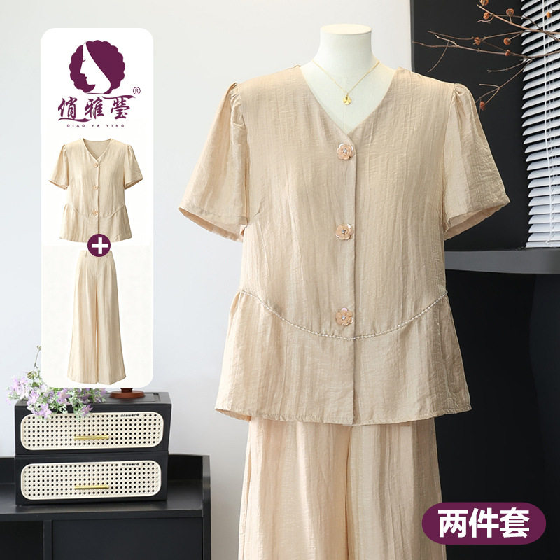 小香风夏季新款法式休闲纽扣开衫女遮肚显瘦V领短袖洋气衬衫套装