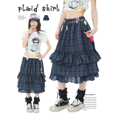 美式复古蕾丝格子蓬蓬半身裙女