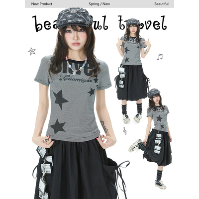 Double L2 美式复古字母星星条纹正肩短袖T恤女修身撞色圆领上衣