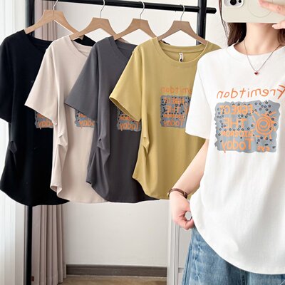 大码胖mm夏季新款收腰圆领短袖T恤宽松百搭显瘦2323