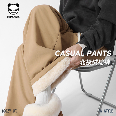 Hipanda你好熊猫北极绒棉裤保暖直筒宽松休闲裤2025冬季新款长裤C