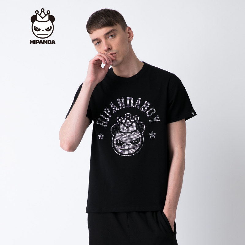 Hipanda你好熊猫T恤男款皇冠熊仔钻T短袖T恤圆领短T街头嘻哈潮牌_虎窝淘