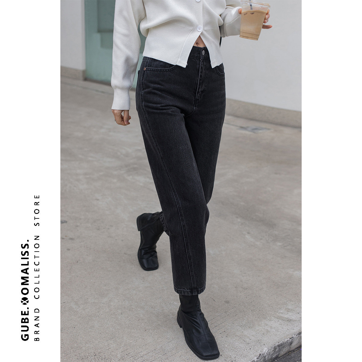 GUBE烟灰色牛仔裤女高腰显瘦2022年新款春季直筒修身九分烟管裤子_虎窝淘
