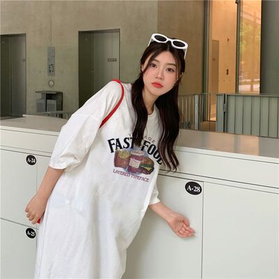6013实价实拍包领6535拉架中长款大码宽松短袖t恤女韩版连衣裙