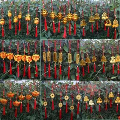 新年镀金塑料植物小挂件元宝铜钱
