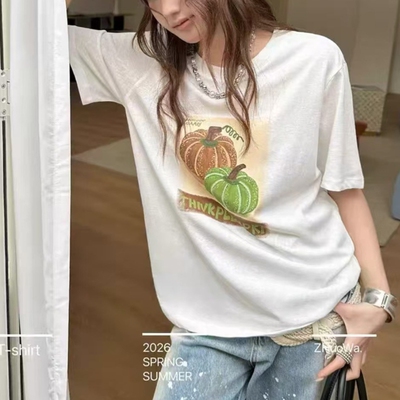 6186南瓜字母印花短袖夏季新款女装韩版时尚休闲圆领套头T恤小衫