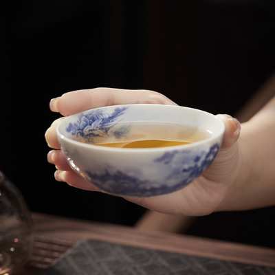 景德镇主人杯茶杯单杯个人茶杯青花瓷釉下青花山水楼阁普洱杯
