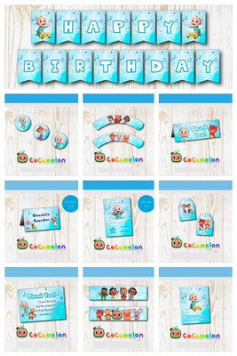 Cocomelon DIY 生日派对装饰旗帜桌卡插牌瓶贴纸装饰布置套装