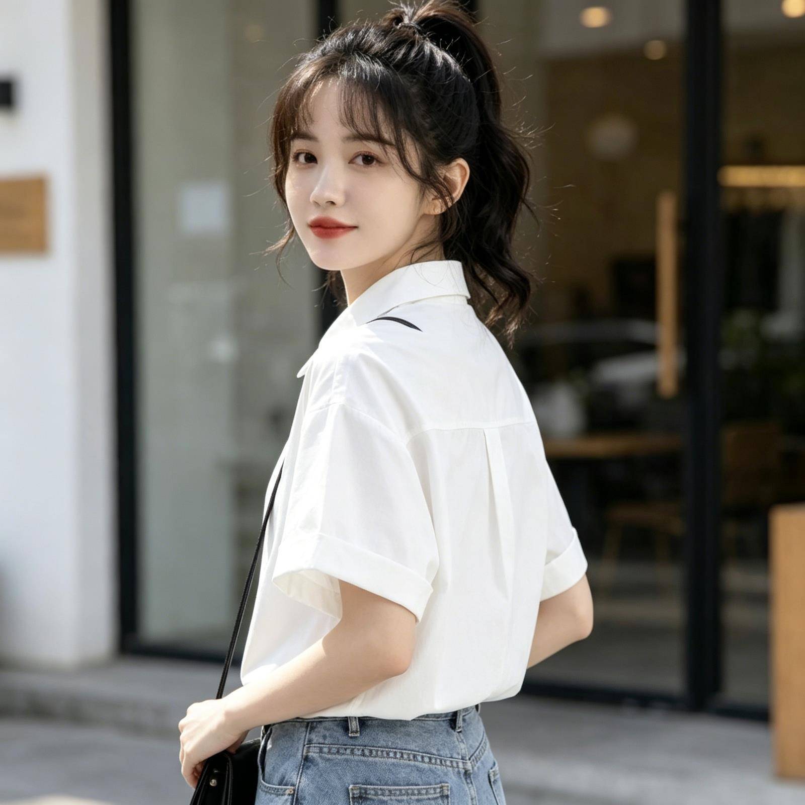 2026夏季新款白色工装短袖衬衫女夏宽松韩版纯色上衣百搭休闲衬衣