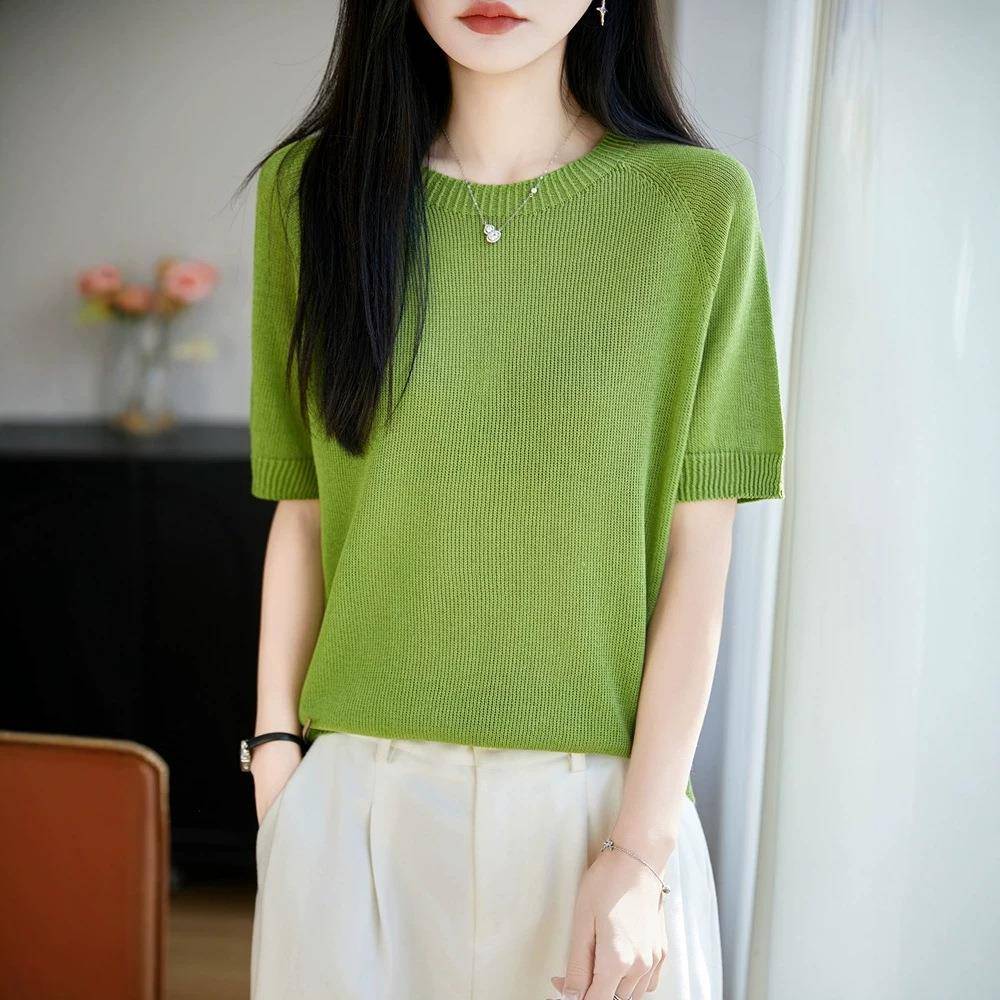 针织T恤新款珍珠麻一线成衣圆领针织衫短袖女纯色宽松上衣T恤厂家