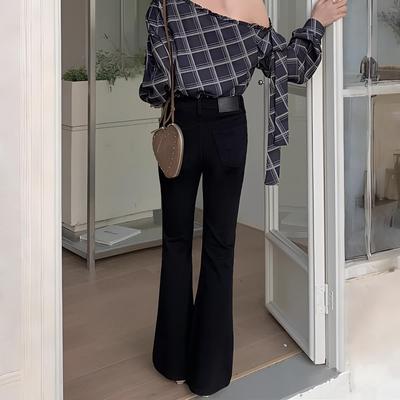 代嘉儿B9092弹力修身微喇牛仔裤女春秋喇叭裤黑色百搭显瘦拖地裤