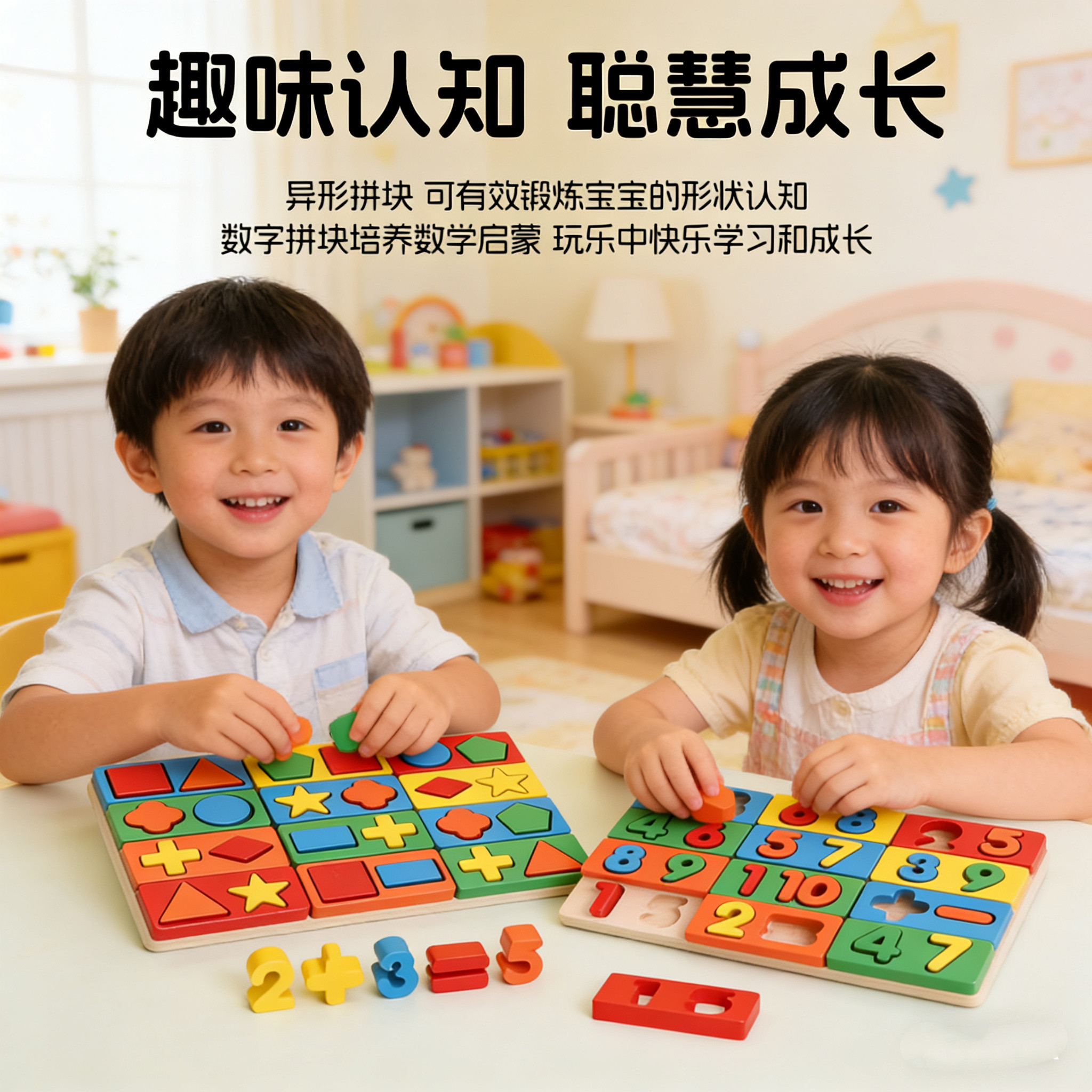 蒙氏早教儿童幼儿园启蒙几何形状认知板益智配对拼图数字拼板玩具