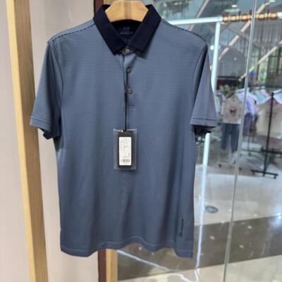 依文男士商务纯桑蚕丝翻领横条纹宝石蓝半袖短袖T恤POLO衫3680元