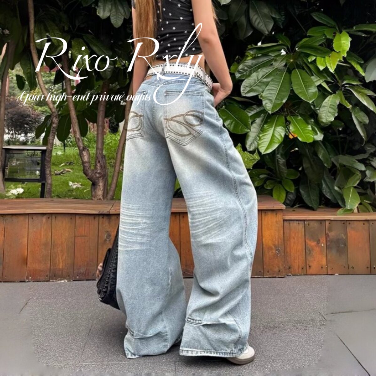 RIXO RXLY美式复古刺绣女春高腰宽松弯刀裤休闲直筒阔腿镰刀长裤