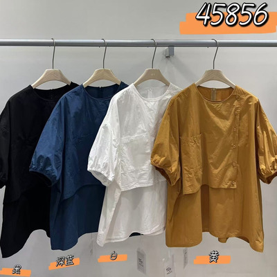 胖mm慵懒风设计感假两件短袖衬衫