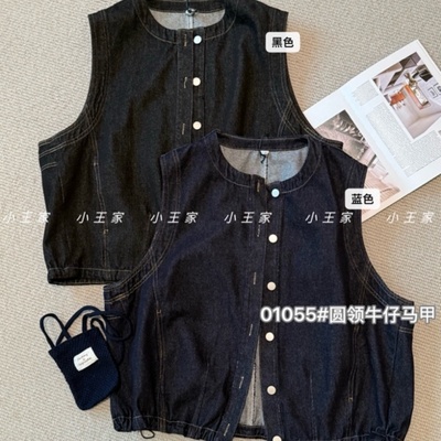 胖mm慵懒松弛风圆领抽绳牛仔马甲