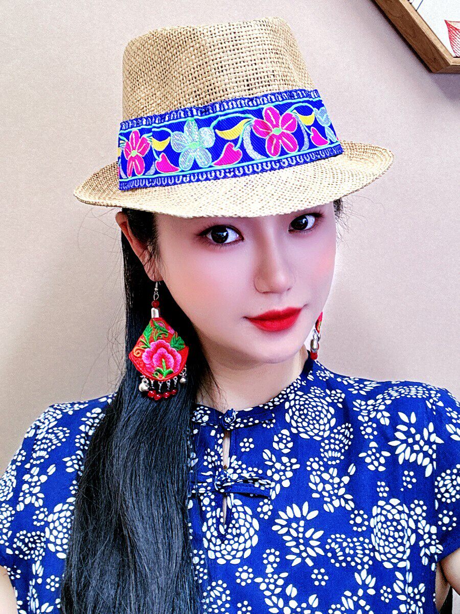 亚麻料镂空透气草帽度假爵士帽民族风帽子手工刺绣礼帽沙滩遮阳帽