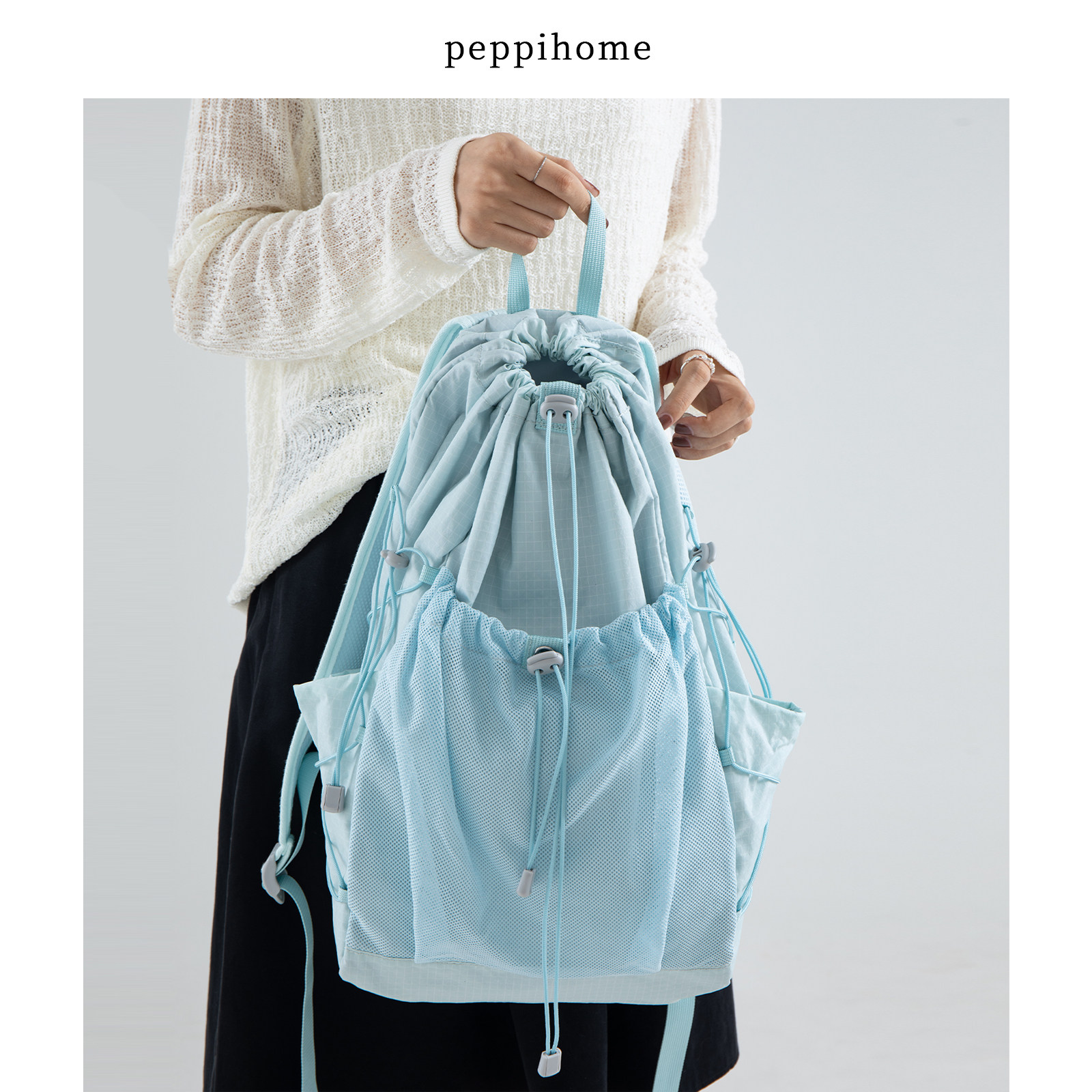 PEPPIHOME 韩系ins褶皱抽绳束口双肩背包大容量户外旅行休闲背包