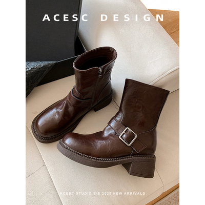 水洗牛皮~厚底短靴女秋冬新款粗跟马丁靴百搭英伦风侧拉链瘦瘦靴