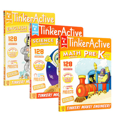 英文原版进口TinkerActive Workbooks: Pre-K系列3本English/Science/Math儿童英语启蒙认知学习教辅练习册帮助孩子提高学习兴趣