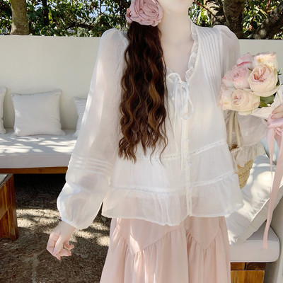 【DearYN】木耳边V领灯笼袖上衣