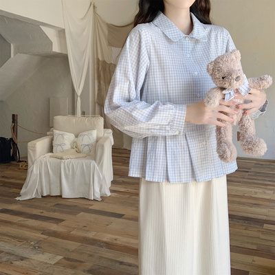 【DearYN】蓝格娃娃领长袖衬衫