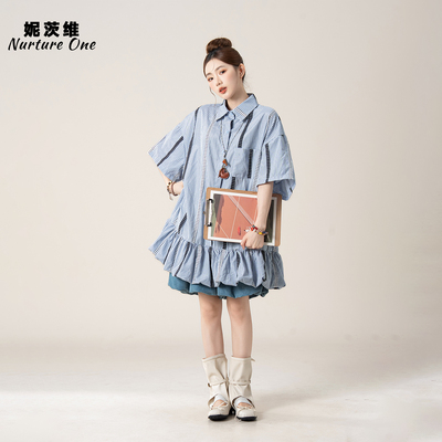 波点格子短袖衬衫花苞短裤套装女