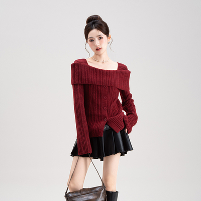 一字肩针织衫女红色毛衣打底上衣