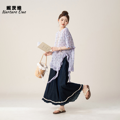 下摆不规则花边飘带短袖T恤女