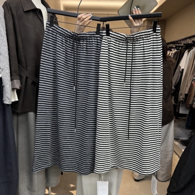 ABOWLAB2025秋冬新款简约百搭松紧系带中长款条纹针织半身裙82939