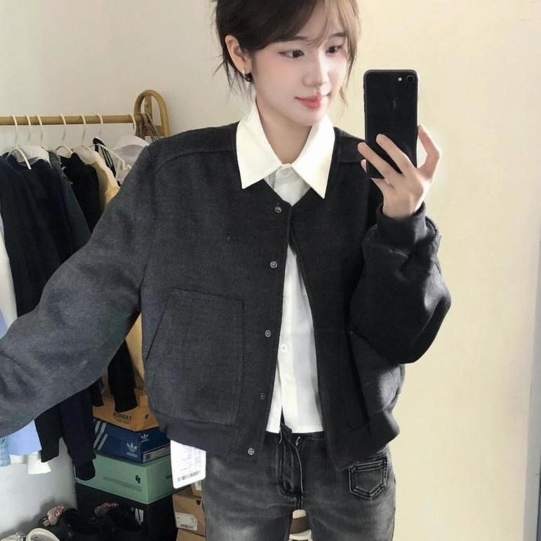 春秋短款灰色棒球美式复古外套新款夹克高级休闲设计宽松上衣