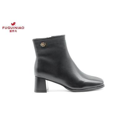 富贵鸟品牌女鞋女靴女士短靴子冬羊皮粗跟商场同款真皮鞋名牌