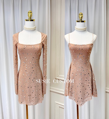 高定制轻奢重工大颗水钻烫钻衣领吊带挂肩袖收腰软纱连衣裙礼服裙