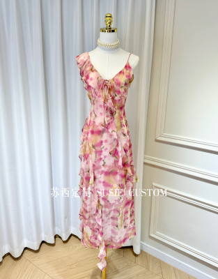 法式气质茶歇晕染印花碎花不规则V领单肩荷叶边绑带开叉度假长裙