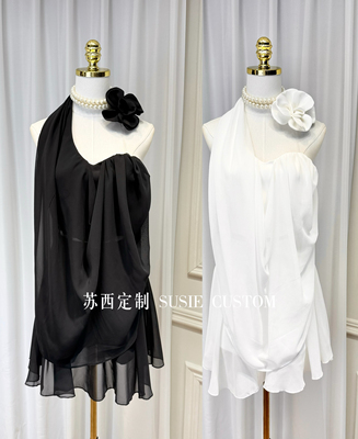 定制小众设计款立体花朵褶皱荡领抹胸露背上衣高腰A摆裙裤两件套