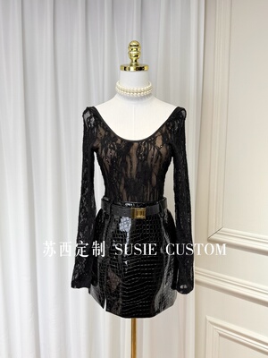 定制纯欲风显身材大圆领蕾丝连体衣还有蛇纹漆皮包臀裙裤配腰带