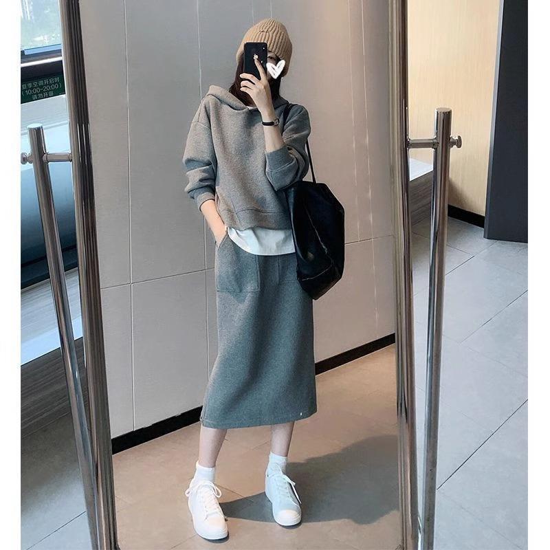 大码女装早秋休闲时尚两件套连帽卫衣半身裙套装胖mm