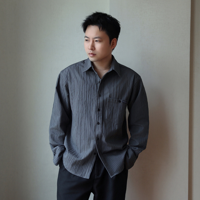 春秋雅痞条纹宽松男衬衫