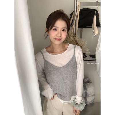 2026年早春新款韩木耳边拼色设计感长袖T恤吊带叠穿背心套装