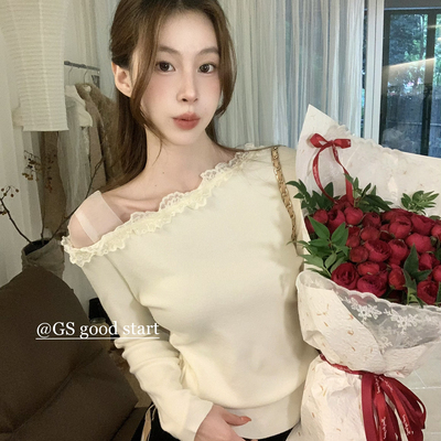 秋季法式网纱拼接显瘦针织小衫